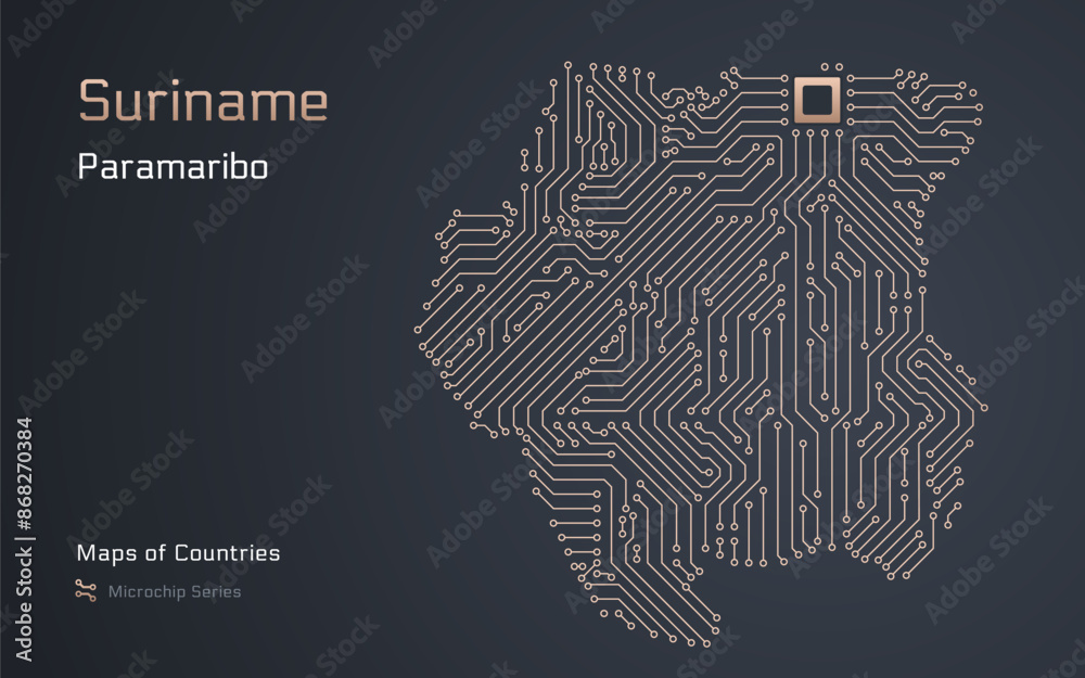 Suriname Map with a capital of Paramaribo Shown in a Microchip Pattern ...