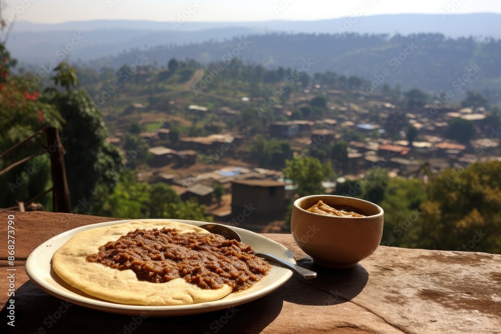 Ethiopian injera and stew with a view of an Addis Ababa village. Stock ...