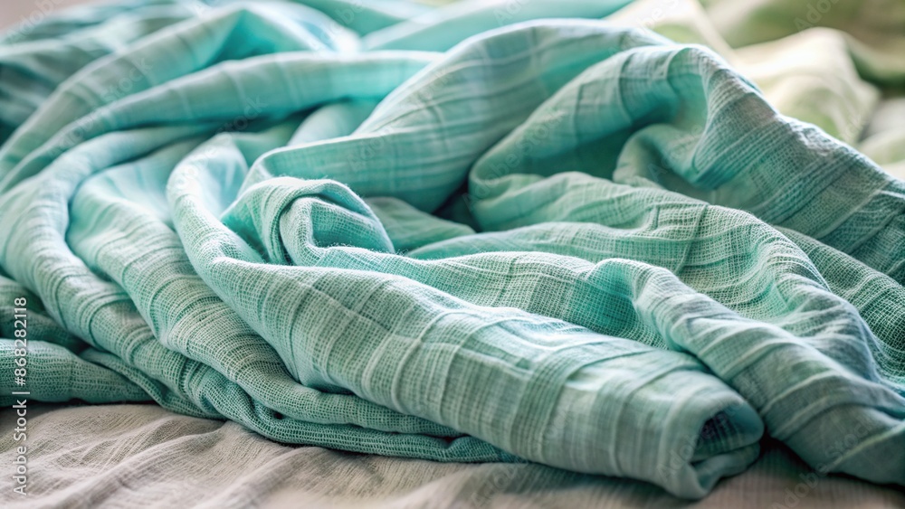 Softly draped blue and green muslin blanket with subtle texture and ...