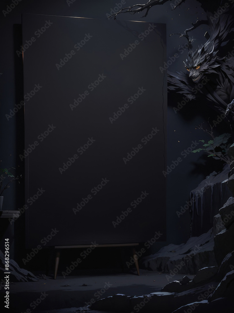 Dark mysterious backdrop large blank screen with a menacing shadowy ...