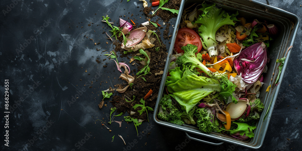 Food waste concept. Close-up of rotting vegetables in metal container ...