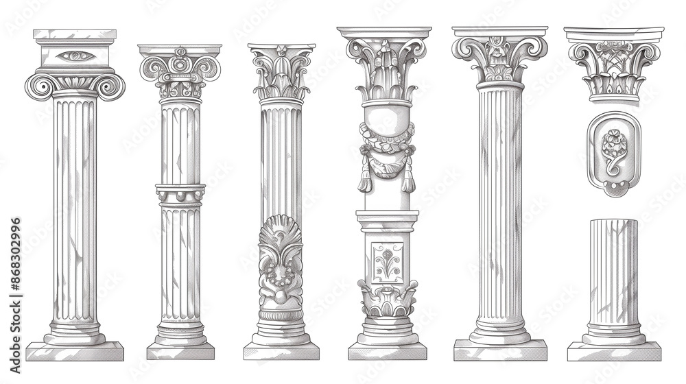 Ancient line columns collection. Antique doodle style roman ...
