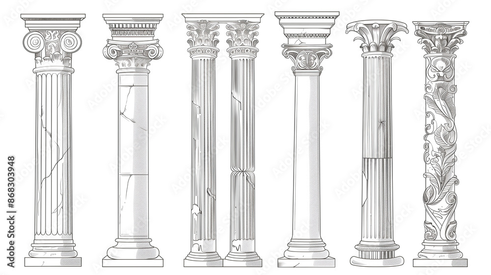 Ancient line columns collection. Antique doodle style roman ...