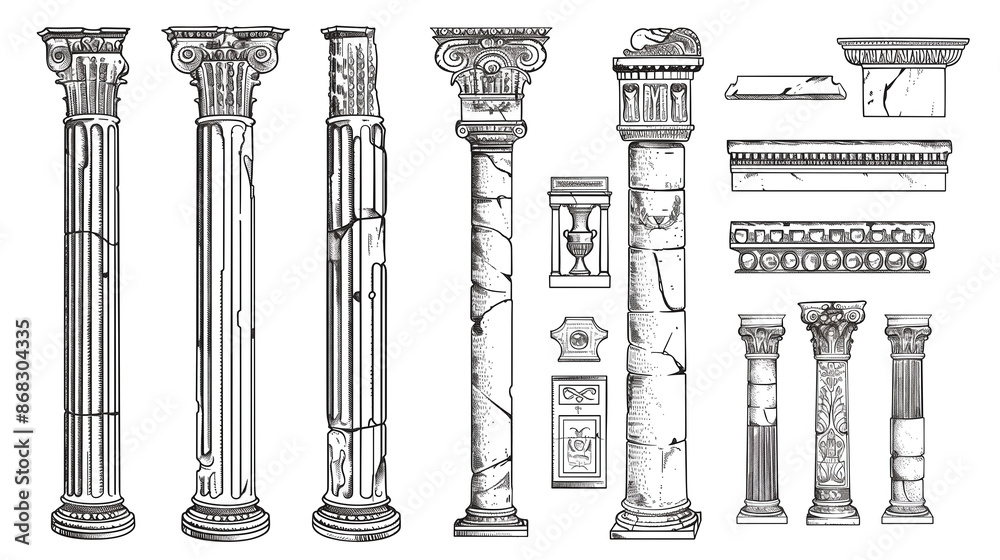 Ancient line columns collection. Antique doodle style roman ...