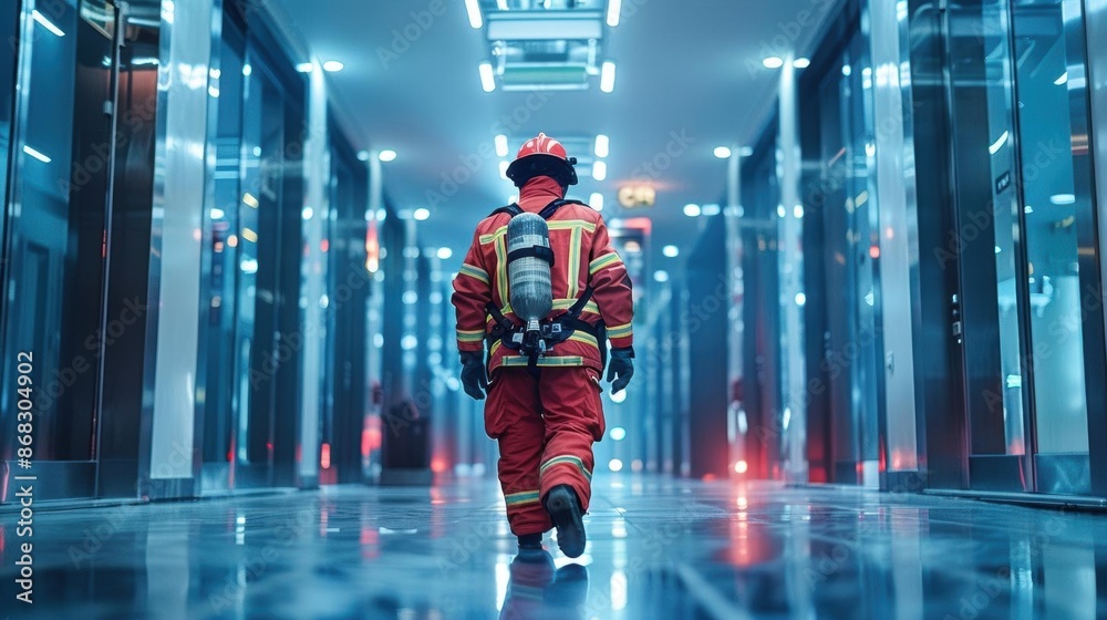 Emergency scene with firefighter gear in a commercial building lobby ...