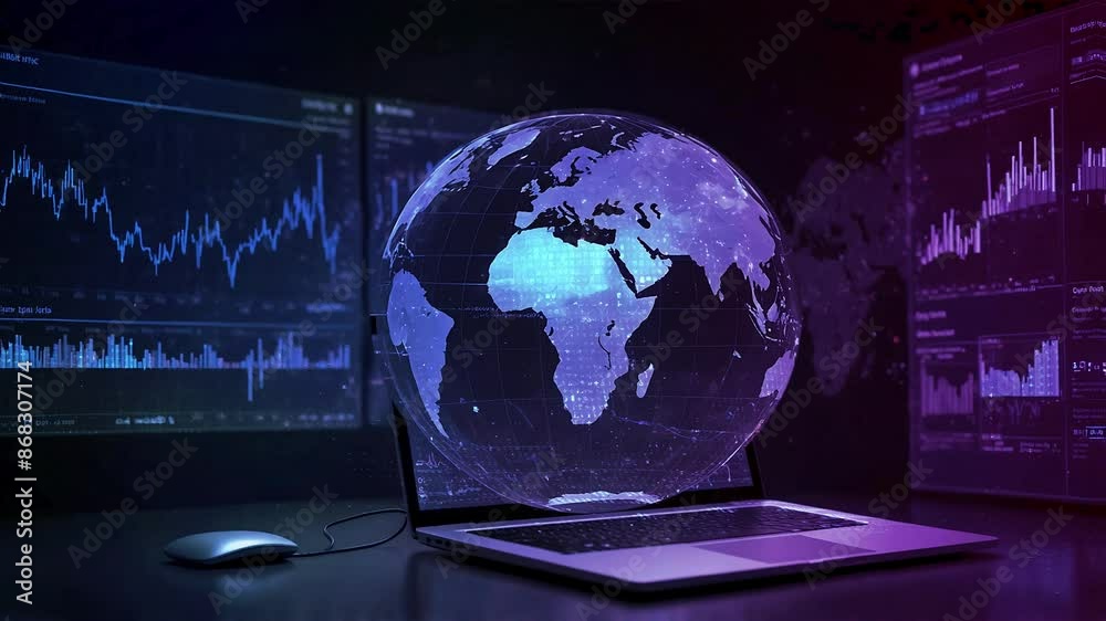 Laptop and digital globe show world maps with continents on dark ...