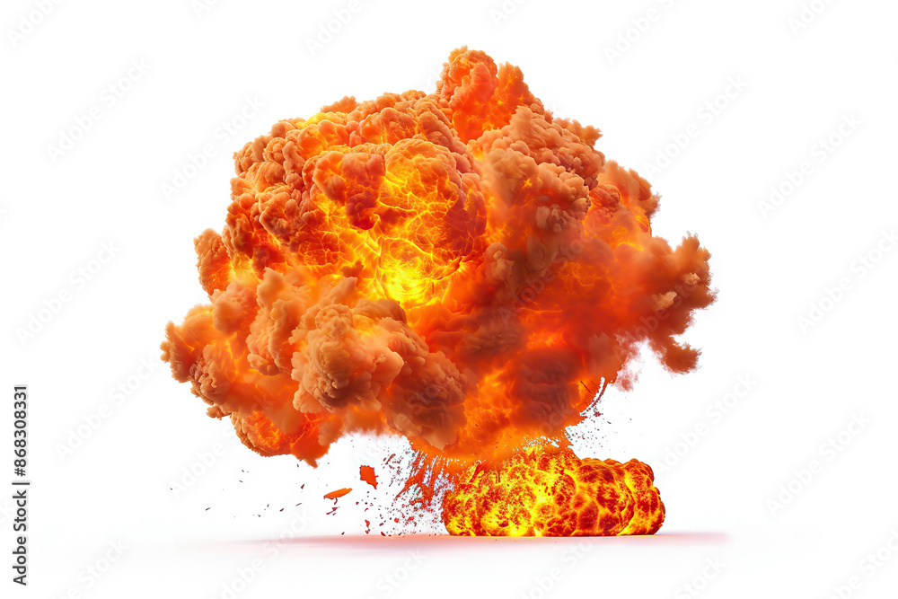 Intense explosion with fiery orange and yellow flames, isolated on a ...
