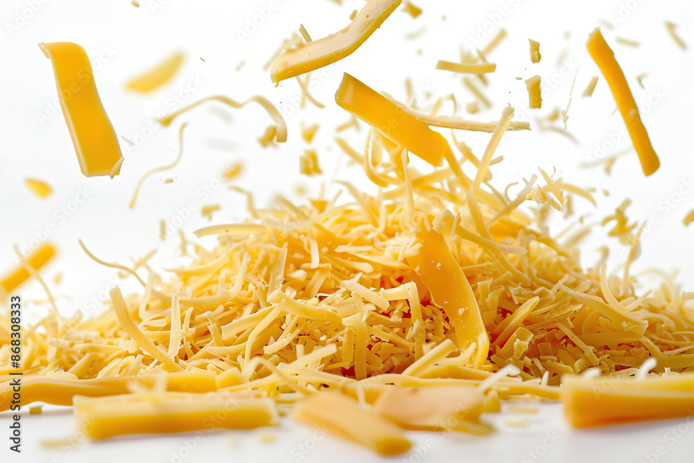 Close-up of shredded cheese falling and piling up, isolated on a white ...