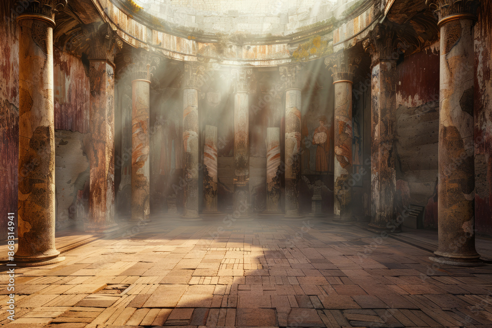 Sunlight beams through the columns of an ancient ruin. Ancient arena ...