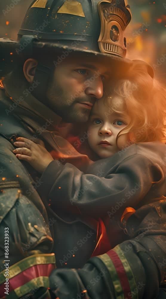 The firefighter is seen in a powerful position, holding a small child ...