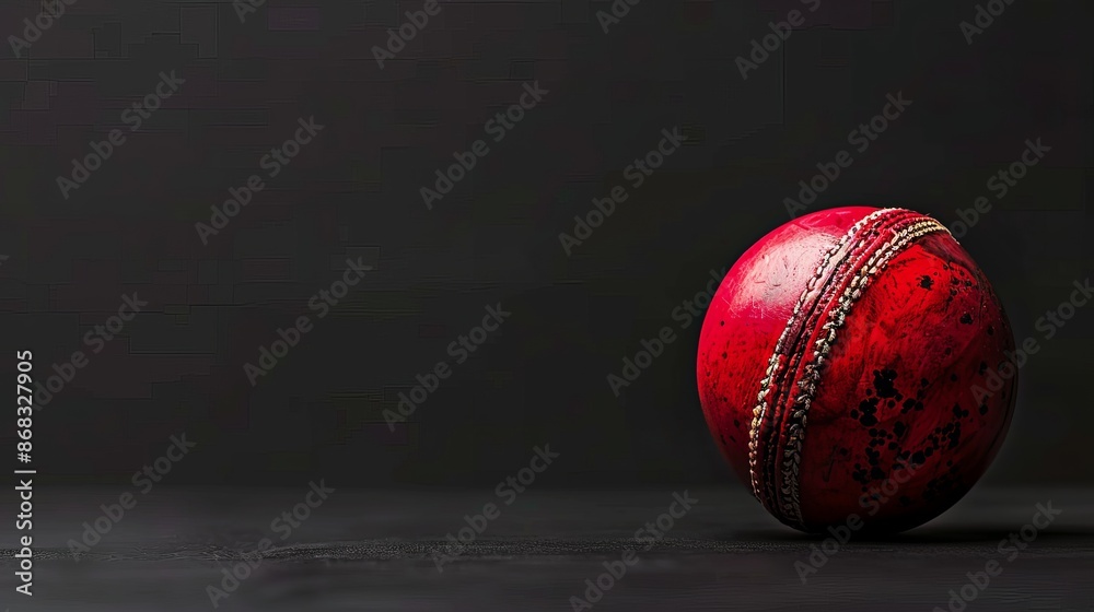 Red cricket ball on a black background, cricket attire on the right ...