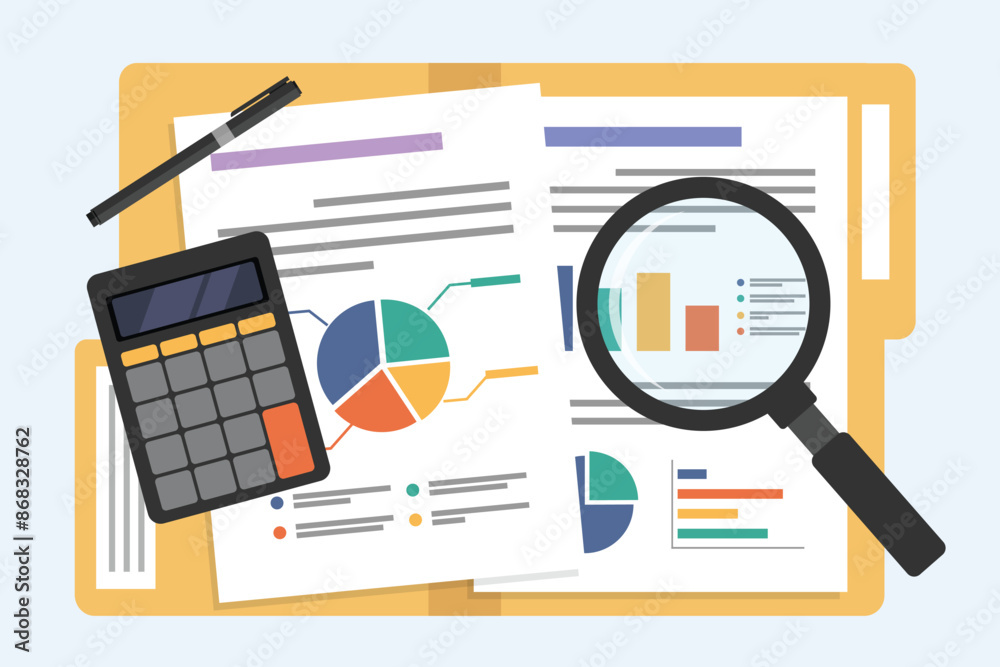 Business document data analysis with magnifying glass and calculator ...