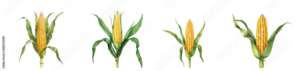 Four stages of ripe maize cob development isolated on a transparent ...