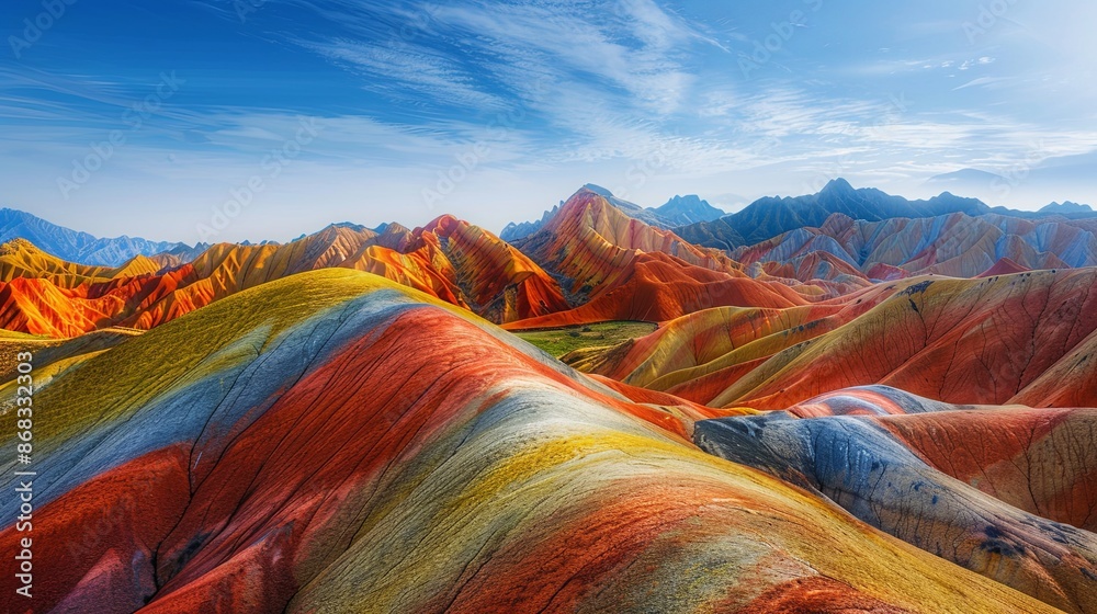 Stunning panoramic view of the Rainbow Mountains, Zhangye Danxia ...