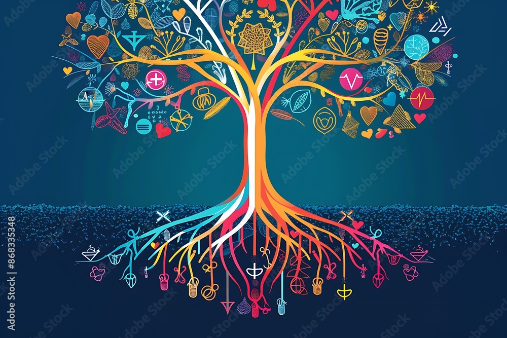 A vibrant, abstract tree with roots and branches forming wellness ...