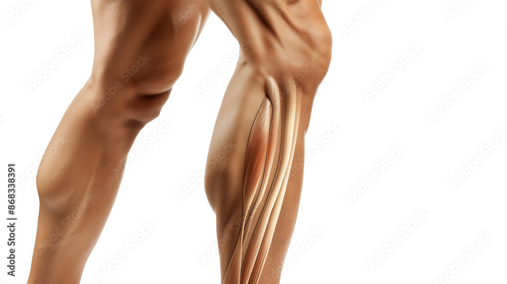 A close-up view of a muscular leg with visible tendons and muscles ...