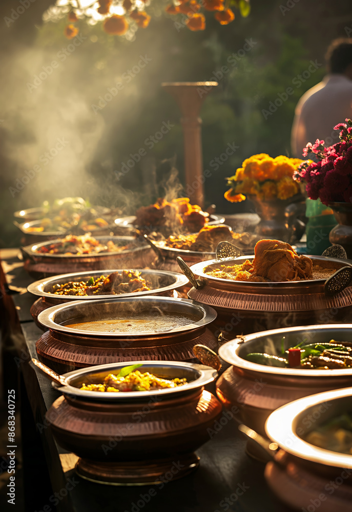 Lavish North Indian wedding buffet featuring chafing dishes filled with ...