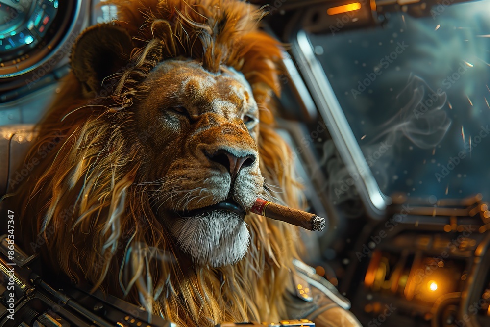 A majestic lion smoking a cigar in a sci-fi-themed spaceship cockpit ...