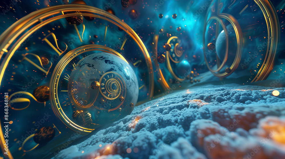 Time in Space, Futuristic 3D Rendering Illustration of Temporal Dimensions, Exploring Time in ...