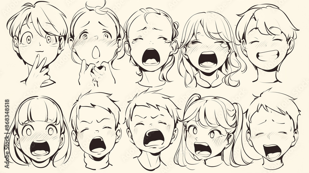 Manga comic expression. Doodle anime comic book emotions, funny doodle ...