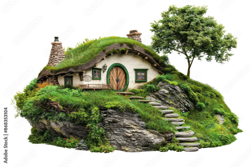 Charming cozy hobbit house built into a hill with green foliage, rustic ...