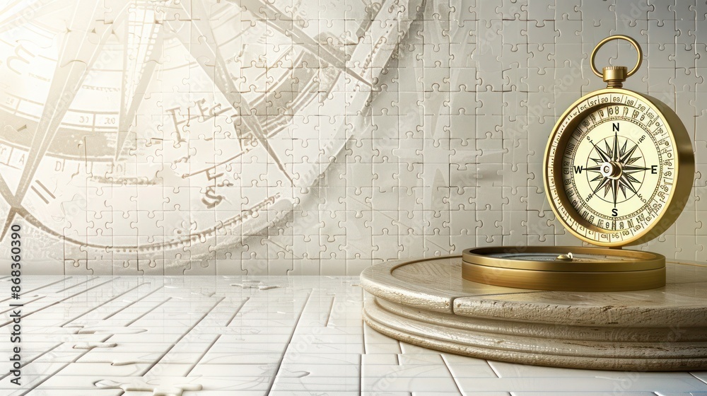 A plain white jigsaw puzzle with a classic pocket compass, on a ...