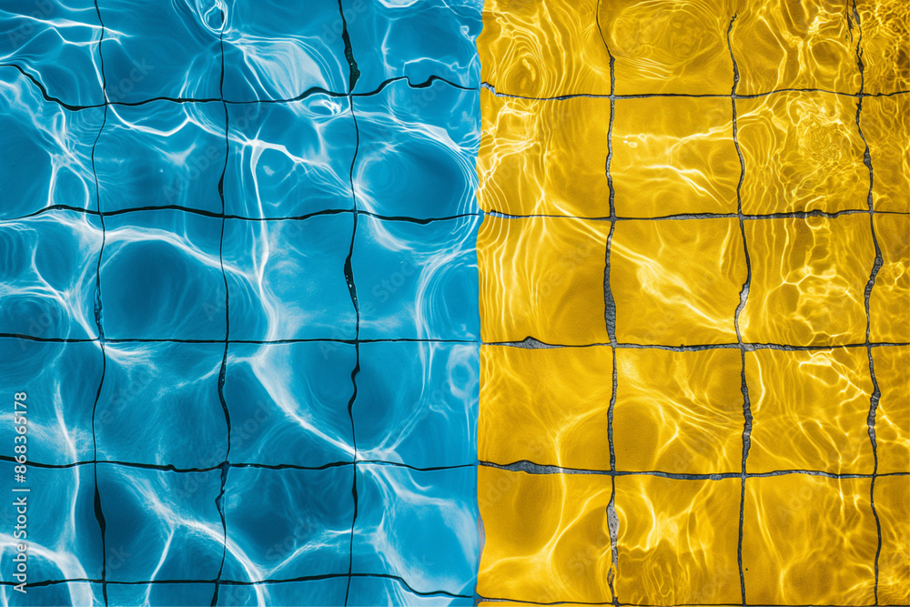 The image features a swimming pool with vibrant blue and yellow water ...