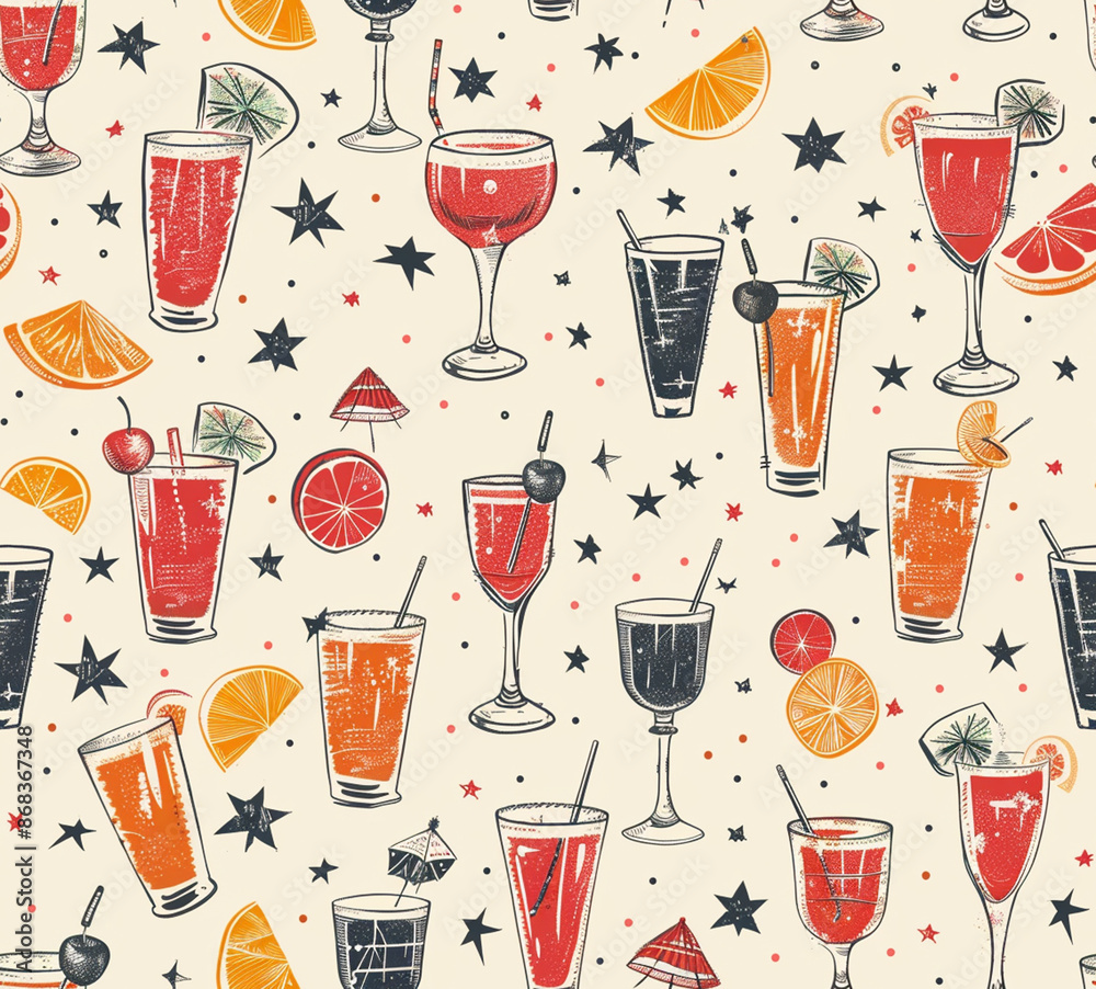 cute seamless pattern cocktail, vintage, retro, distressed. Elements ...