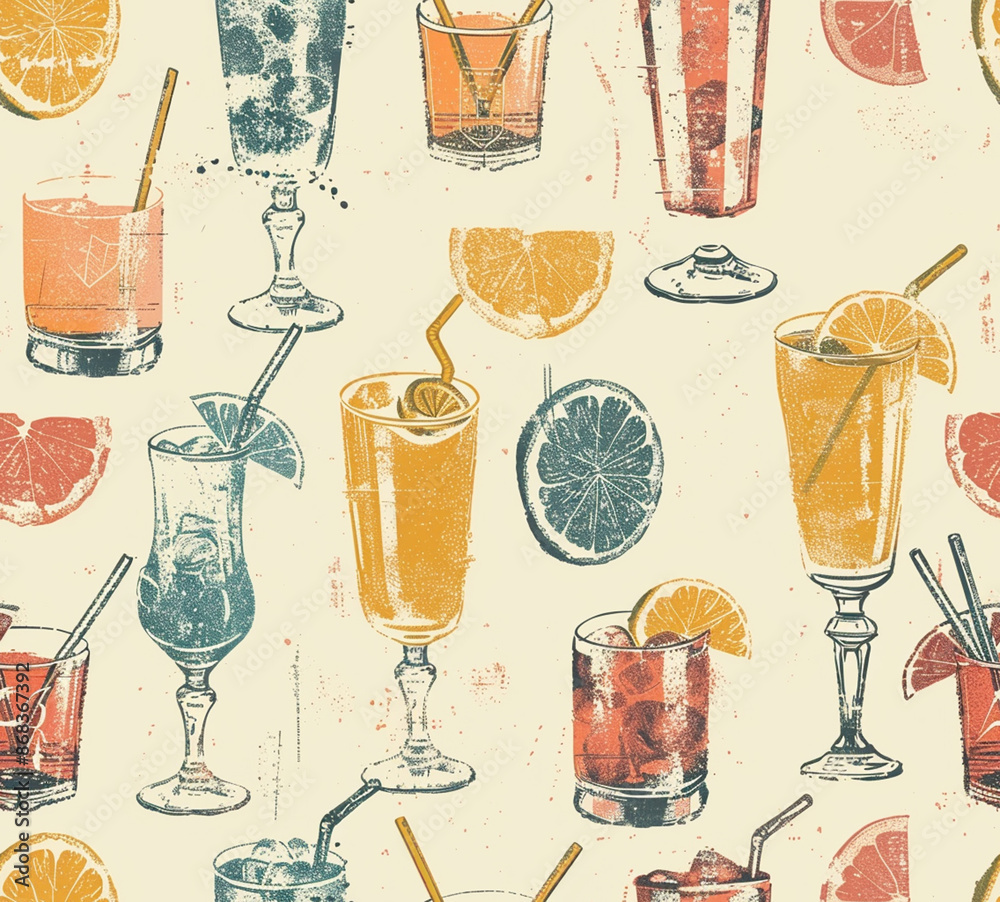 cute seamless pattern cocktail, vintage, retro, distressed. Elements ...