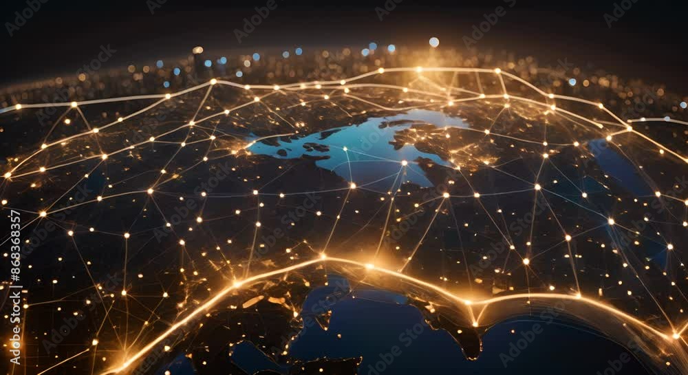 A digital map of the world with glowing connections between cities ...