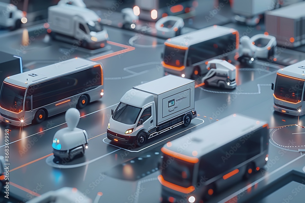 An AI-driven logistics hub with autonomous vehicles coordinating ...