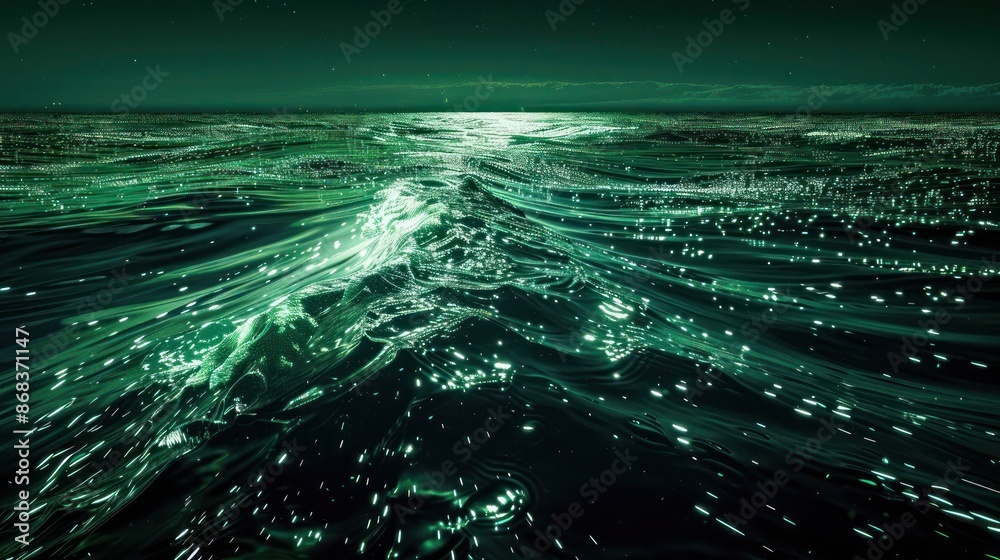 An image of a deep green ocean at night, lit by silver light particles ...