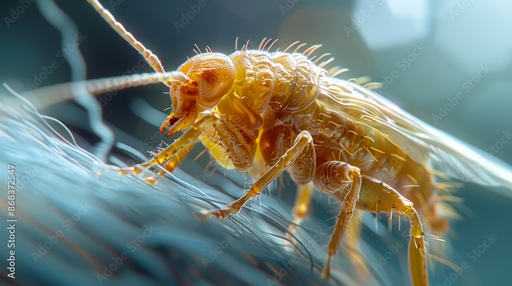 Flea seen in detail on a single hair, displaying its exoskeleton and ...