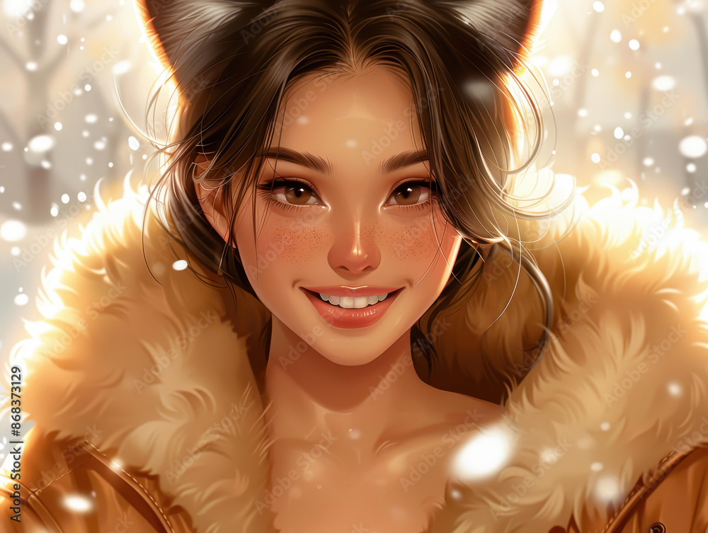 Vibrant Digital Illustration Of A Cute Anime Cat Girl With Fluffy Ears Beaming With Joy Stock