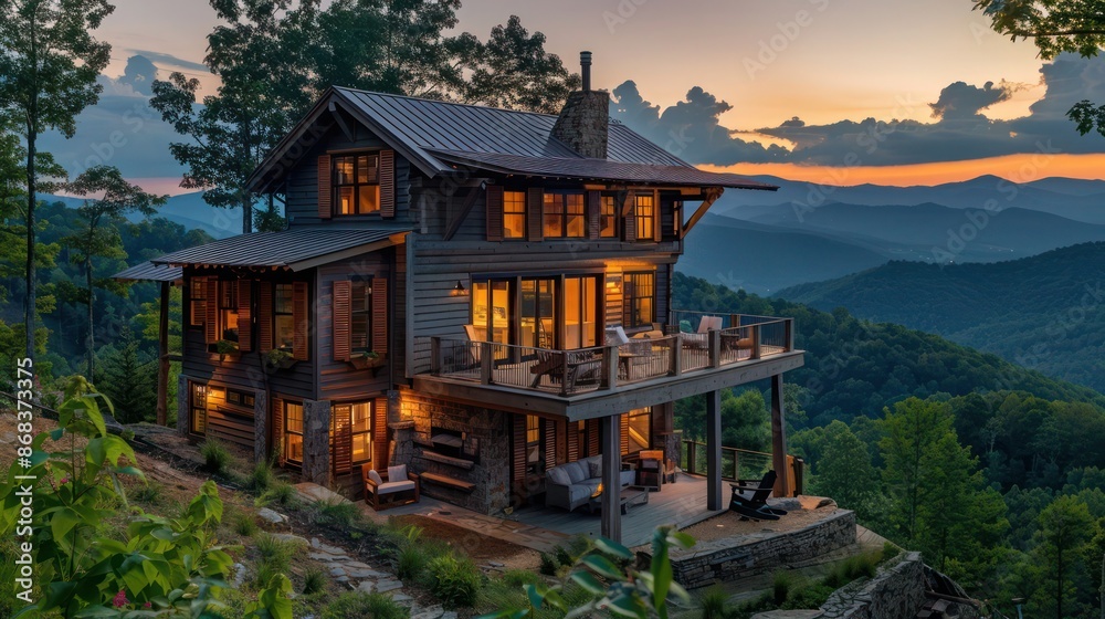 mountaintop cabin with Bahama shutters in earth tones, integrating the ...