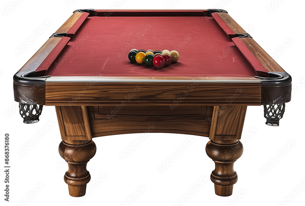 Wooden pool table with red felt and balls in a triangle formation, cut ...