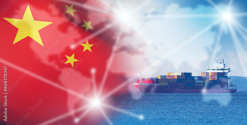 Chinese ship with containers. Flag China. Sea vessel for cargo delivery ...