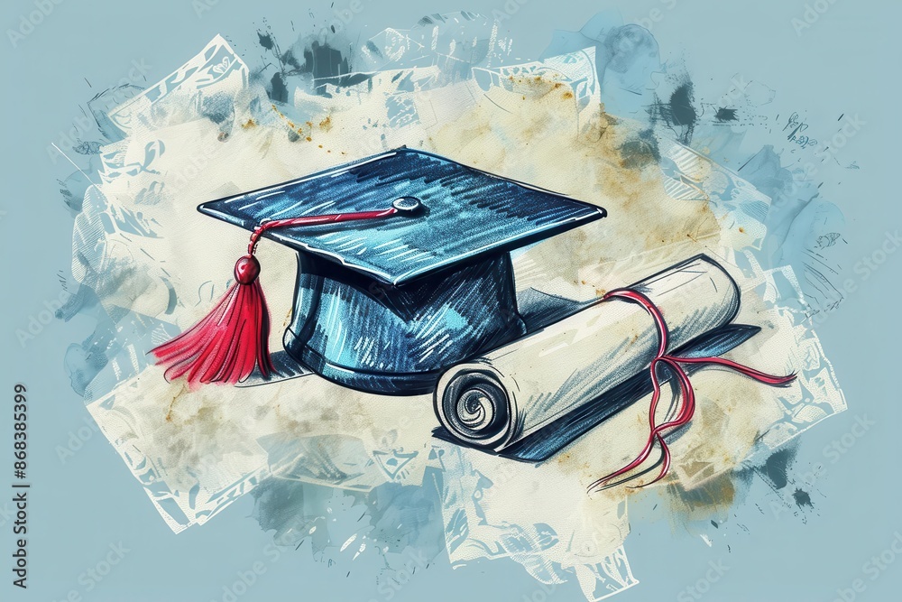 graduation cap with tassel and rolled diploma hand drawn mortarboard ...