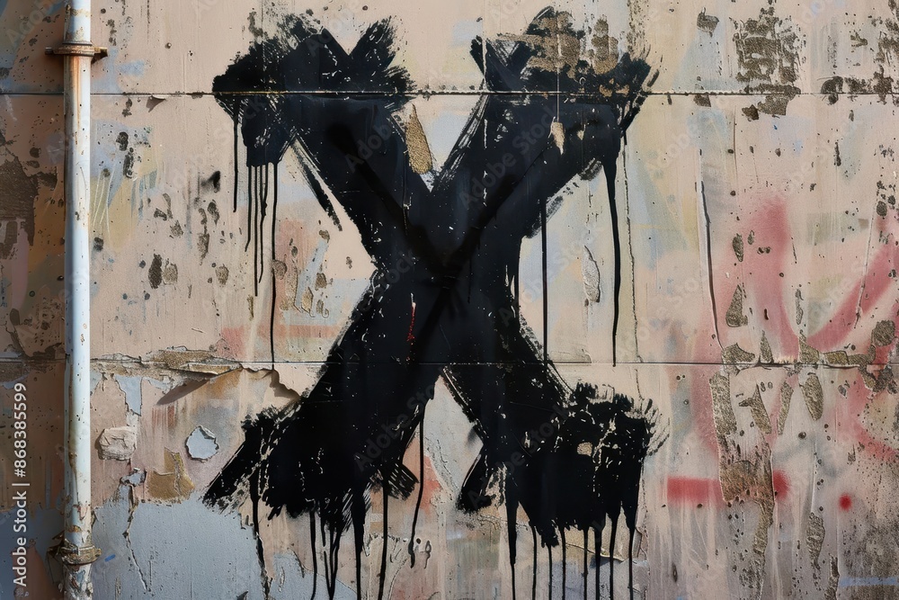 graffitistyle letter x sprayed in glossy black paint against a gritty ...