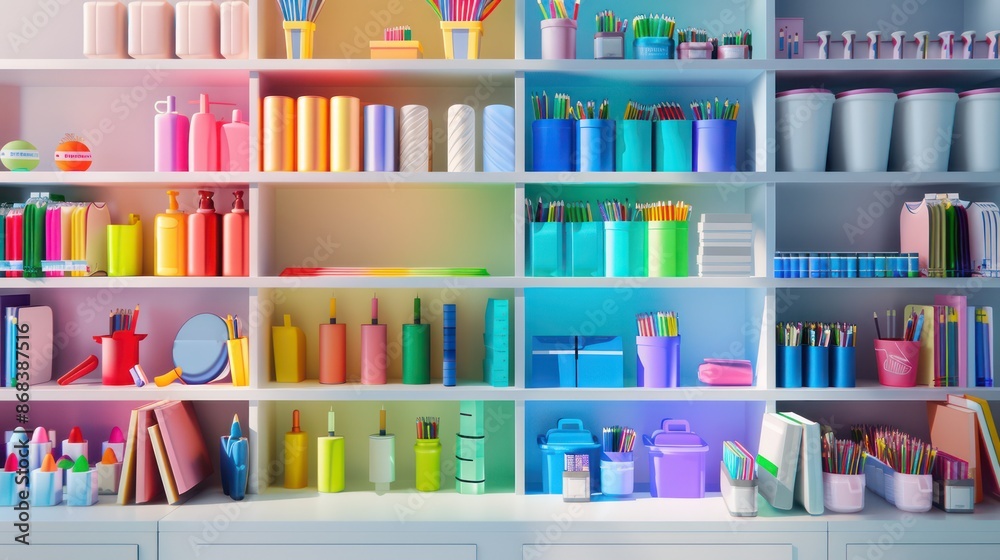 3D style illustration shows the shelves of a school stationery store ...