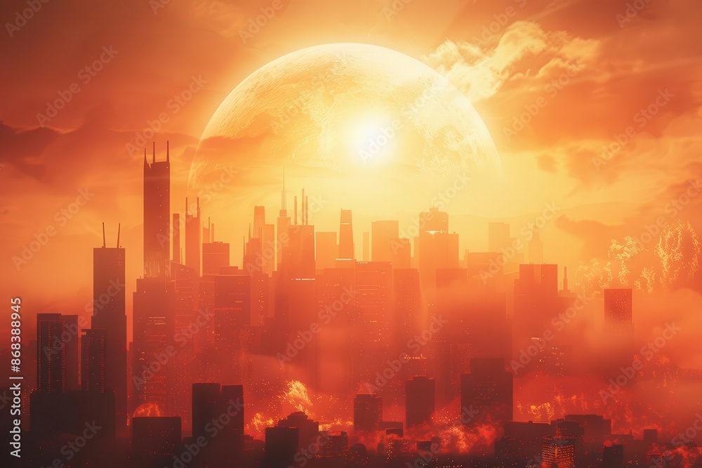 intense heatwave over modern city skyline bright sun and urban heat ...