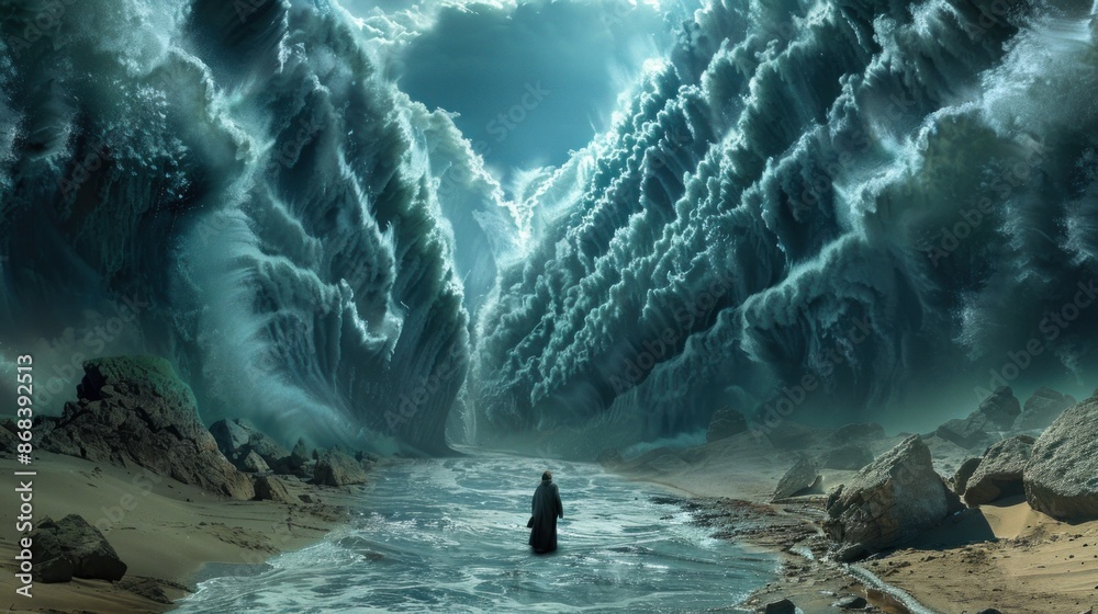 Moses parting the Red Sea, with towering walls of water on either side ...