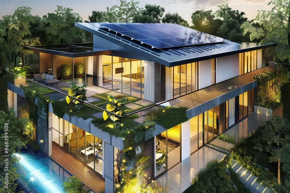 luxurious modern villa with beautiful solar roof panels at night ...