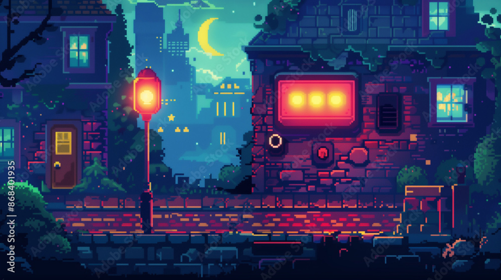 Pixel art game background with button level up. Game design concept in ...
