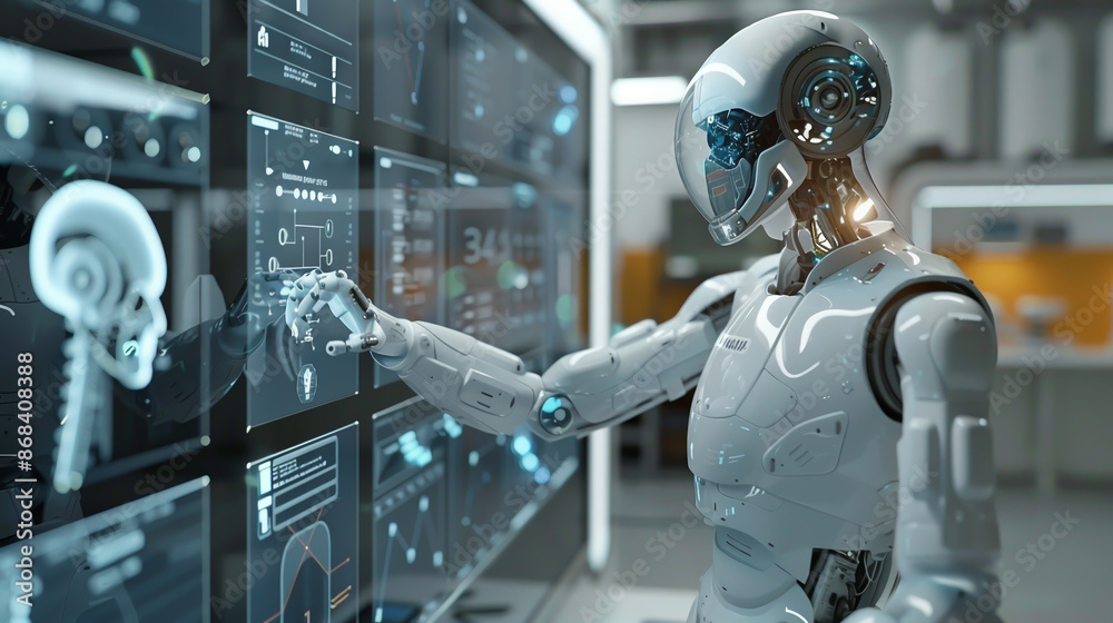 Illustrate the concept of artificial intelligence with a futuristic robot interacting with a ...