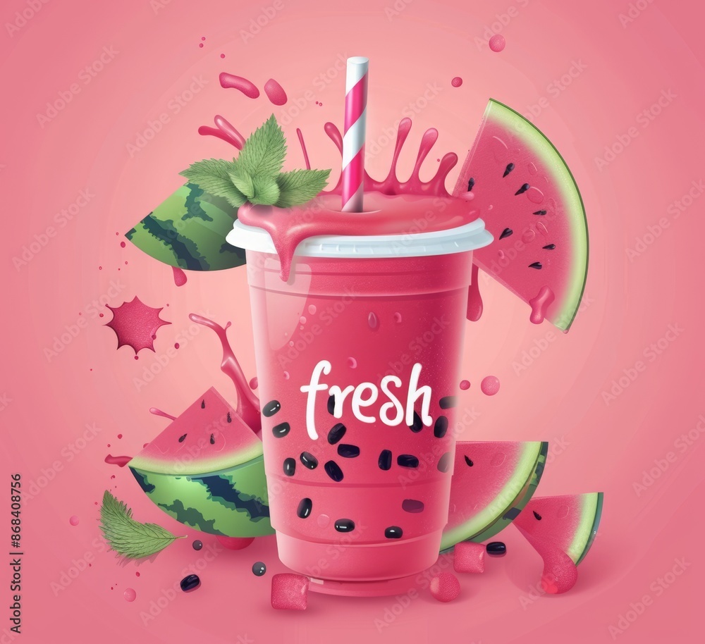 vector illustration of watermelon juice and fresh slice, with "fresch ...
