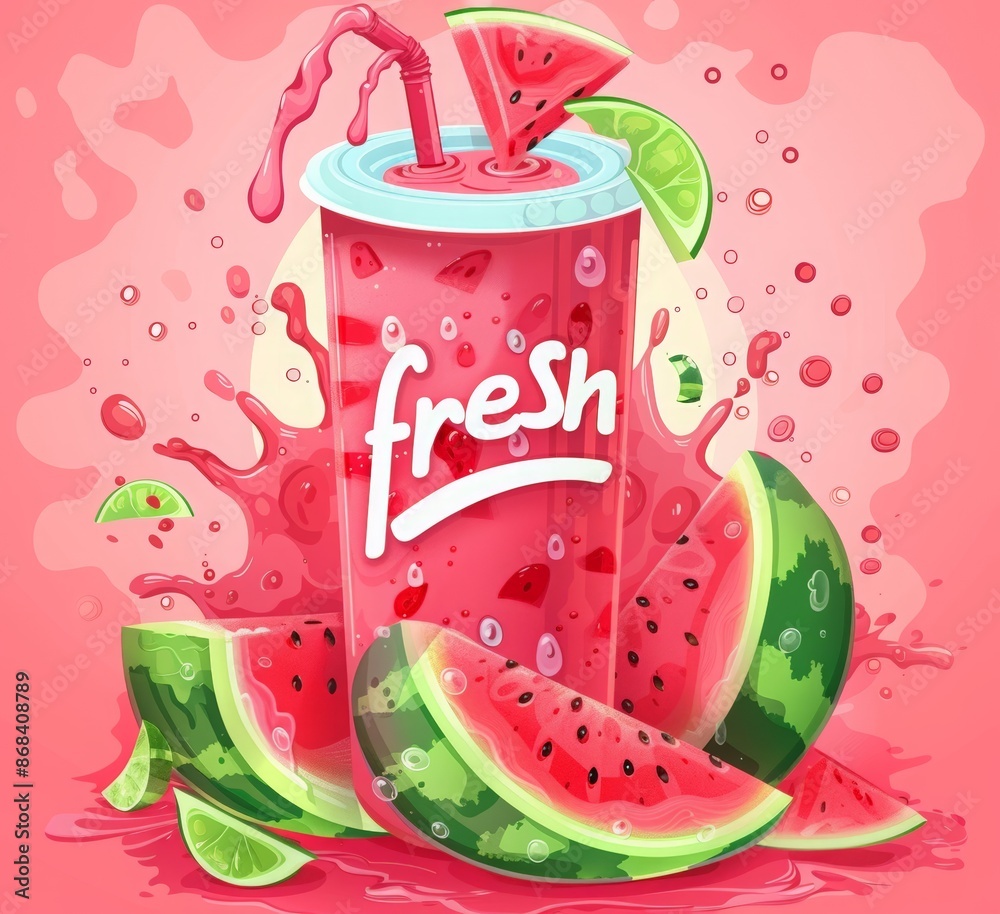 vector illustration of watermelon juice and fresh slice, with "fresch ...