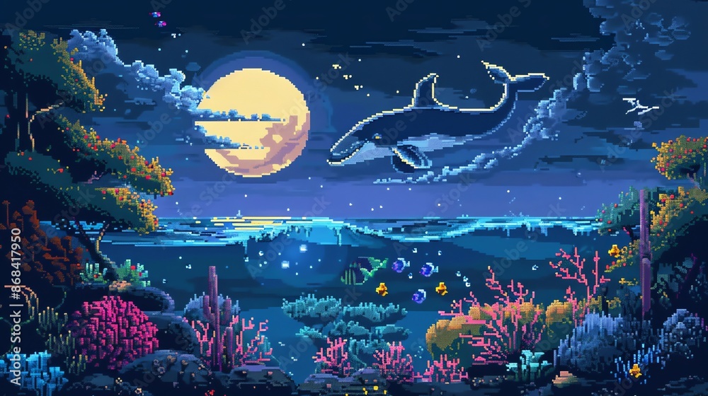 Pixel art ocean creatures under moonlit waves, glowing corals, 8bit ...