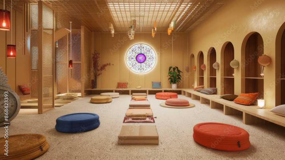 A multi-faith prayer space with symbols from different religions ...