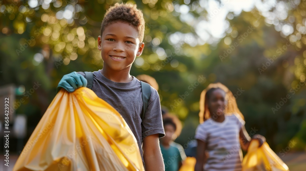 Young boy leading a group of friends in a community clean-up initiative ...